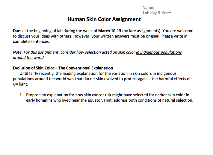 Solved Name: Lab day & time: Human Skin Color Assignment | Chegg.com