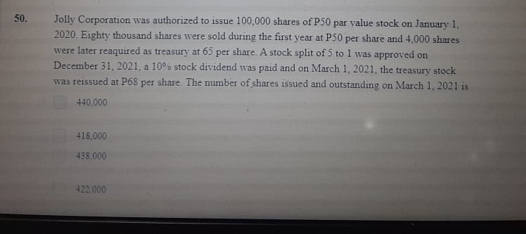 Solved 50. Jolly Corporation was authorized to issue 100,000 | Chegg.com
