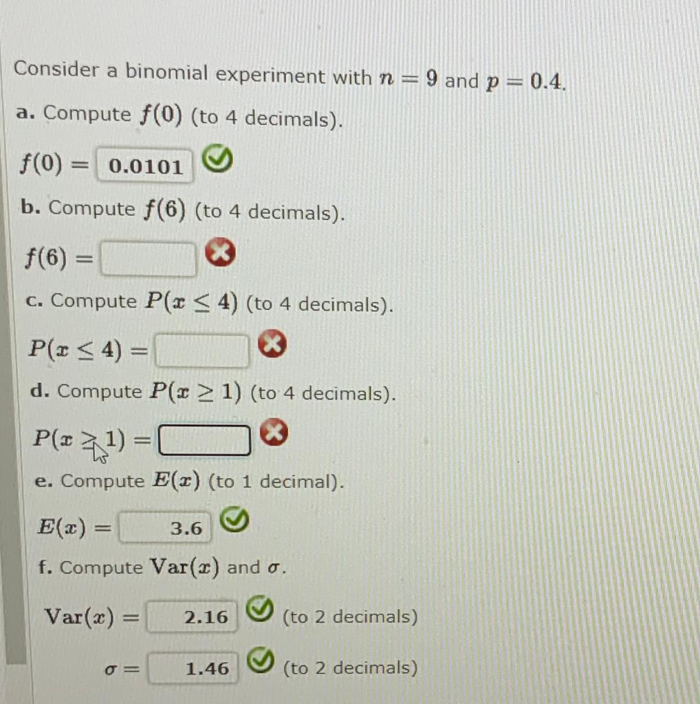 Solved Consider a binomial experiment with n=9 and p=0.4. a. | Chegg.com