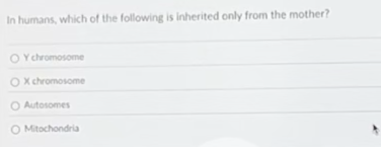 Solved In humans, which of the following is inherited only | Chegg.com