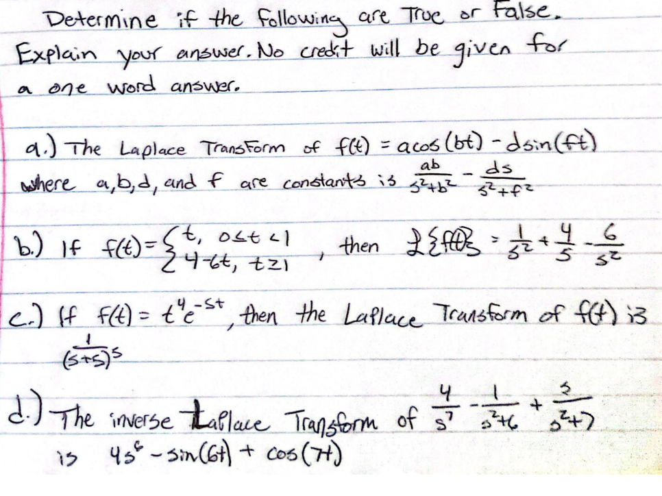 Solved Determine if the following are True or False. Explain | Chegg.com