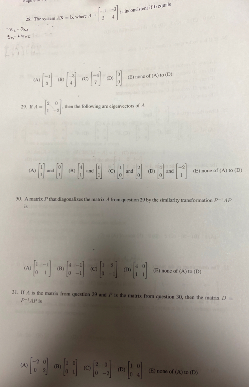 Solved 28. The system AX=b, where A=[−13−34] is inconsistent | Chegg.com