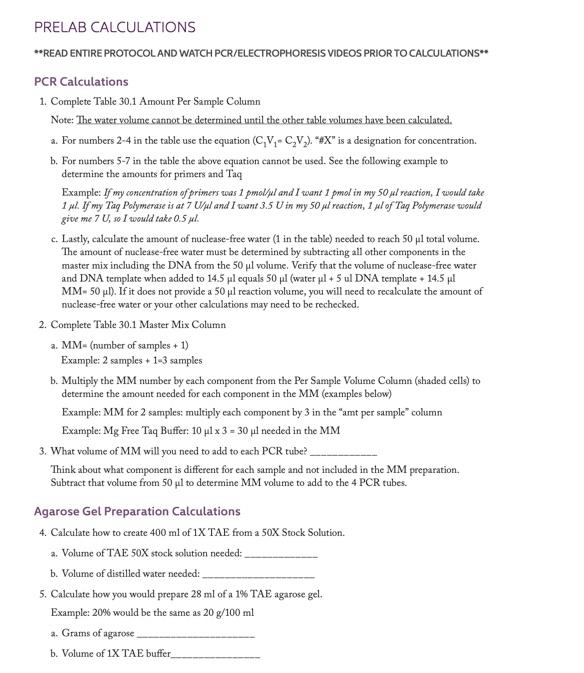 Solved PRELAB CALCULATIONS **READ ENTIRE PROTOCOL AND WATCH | Chegg.com