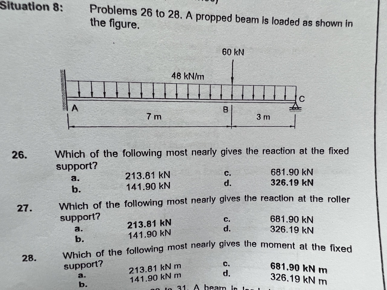 Solved tuation 8: Problems 26 to 28. A propped beam is | Chegg.com