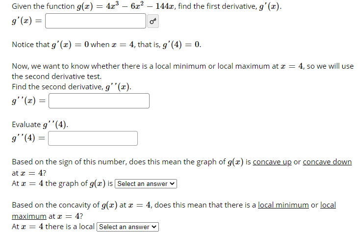 Solved Given the function g(x) = 4x3 – 6x2 – 144x, find the | Chegg.com