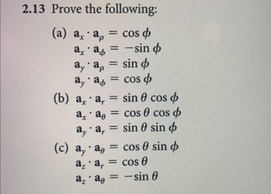 Solved 13 Prove the following: (a) ax⋅aρ=cosϕ ax⋅aϕ=−sinϕ | Chegg.com