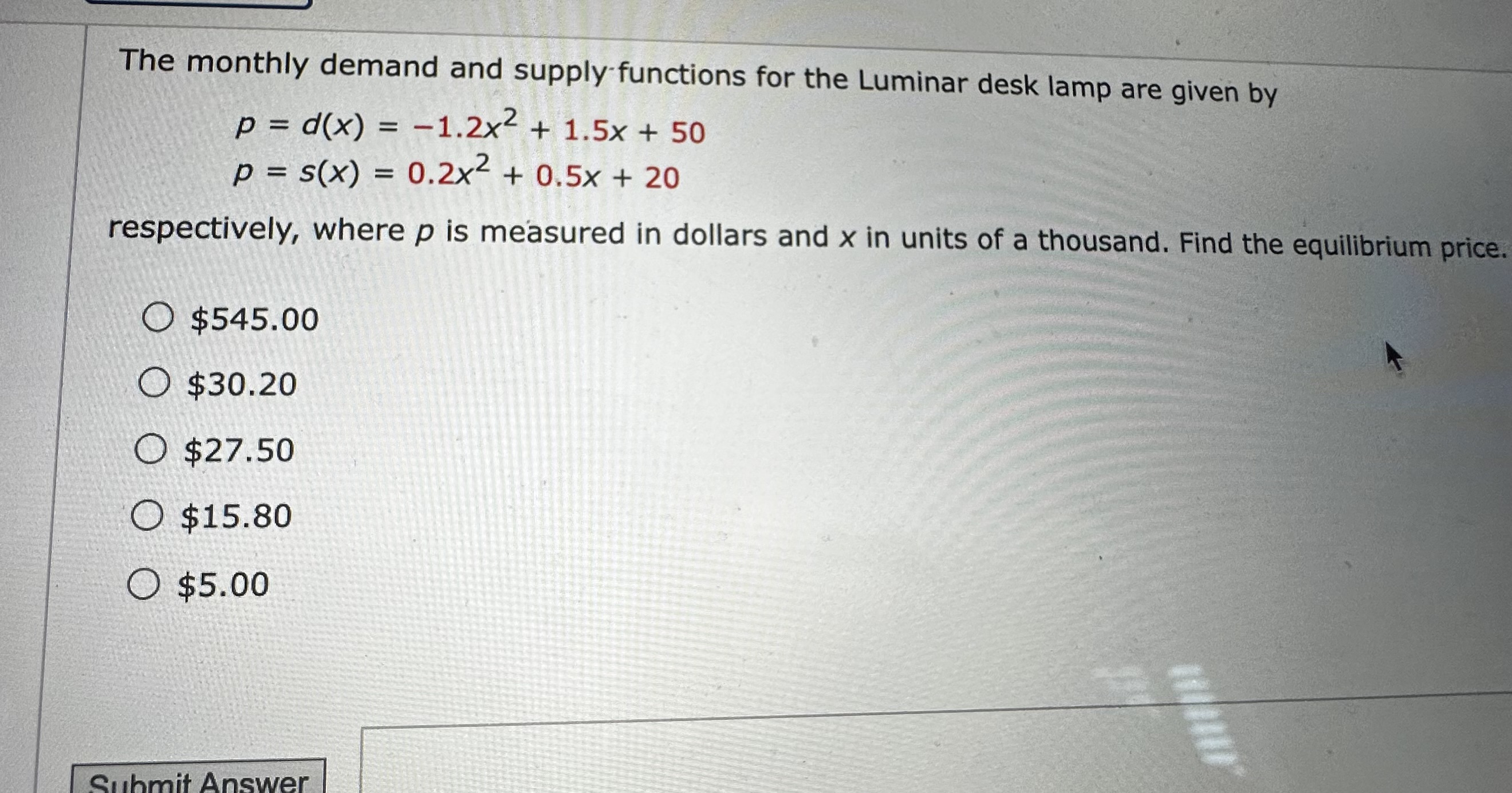 Solved The monthly demand and supply functions for the | Chegg.com