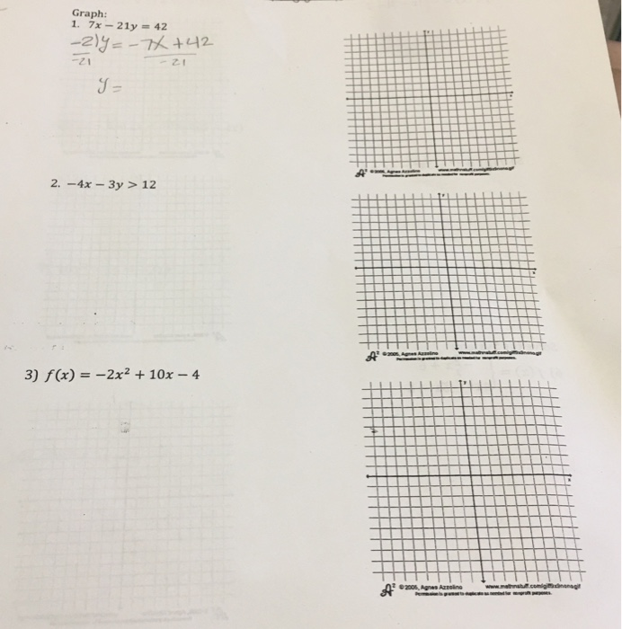 Solved Graph: 1. 7x-21у = 42 2i 乙! 2. -4x-3y >12 3) f(x) | Chegg.com