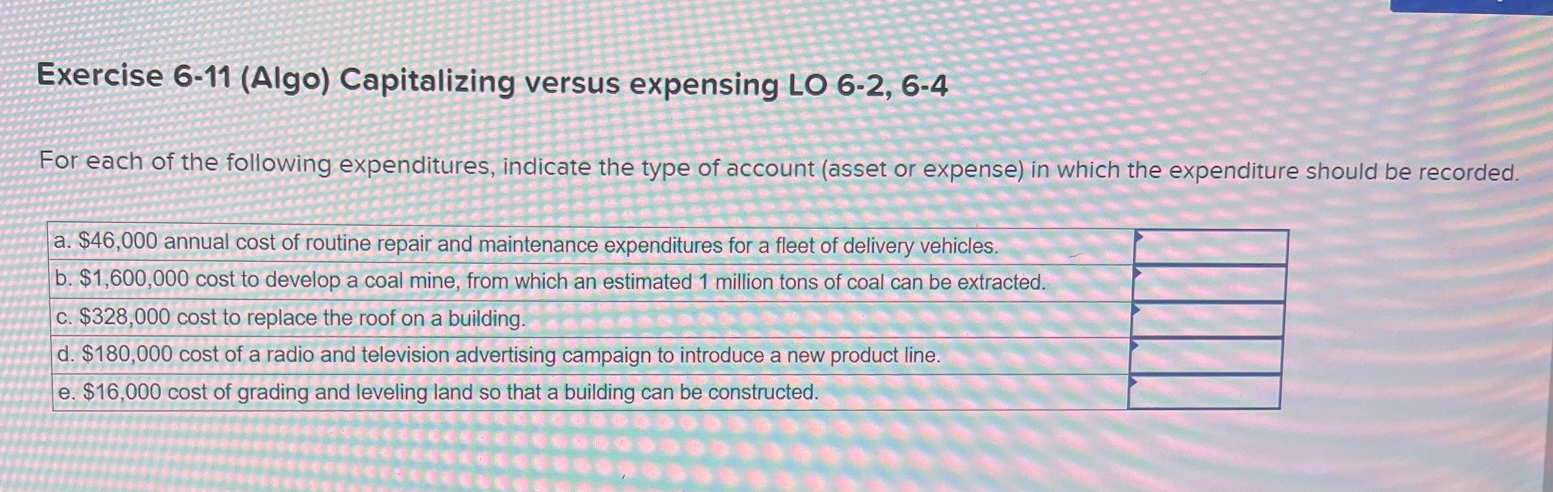 Solved Exercise 6-11 (Algo) Capitalizing versus expensing LO | Chegg.com Solved Exercise 6-11 (Algo) Capitalizing versus expensing LO | Chegg.com