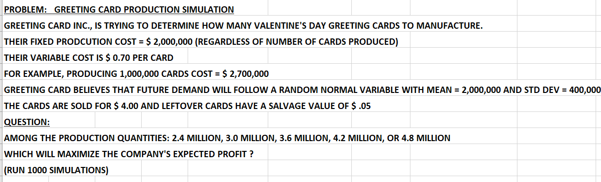 PROBLEM: GREETING CARD PRODUCTION SIMULATION GREETING | Chegg.com