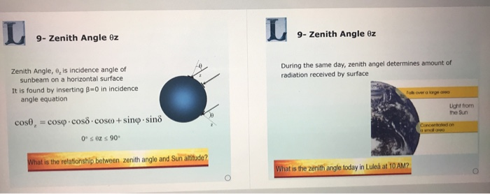 Solved 9- Zenith Angle 0z 9- Zenith Angle ez Zenith Angle, | Chegg.com