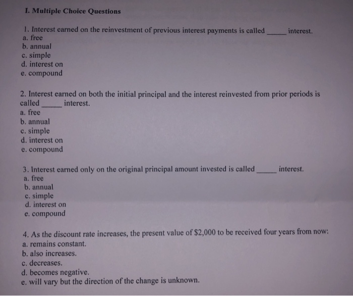 Solved I. Multiple Choice Questions 1. Interest earned on | Chegg.com