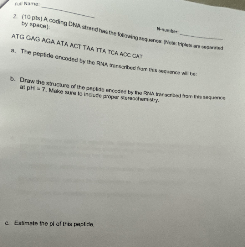 Solved Full Name: N-number: 2. (10 pts) A coding DNA strand | Chegg.com