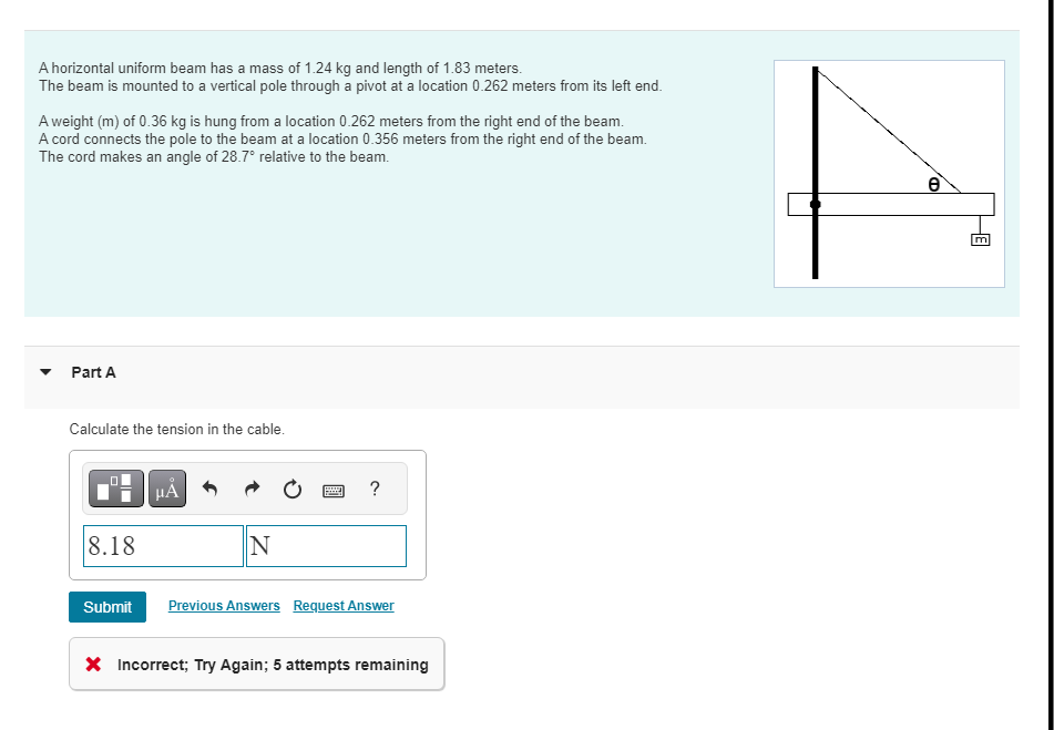 Solved A horizontal uniform beam has a mass of 1.24 kg and | Chegg.com