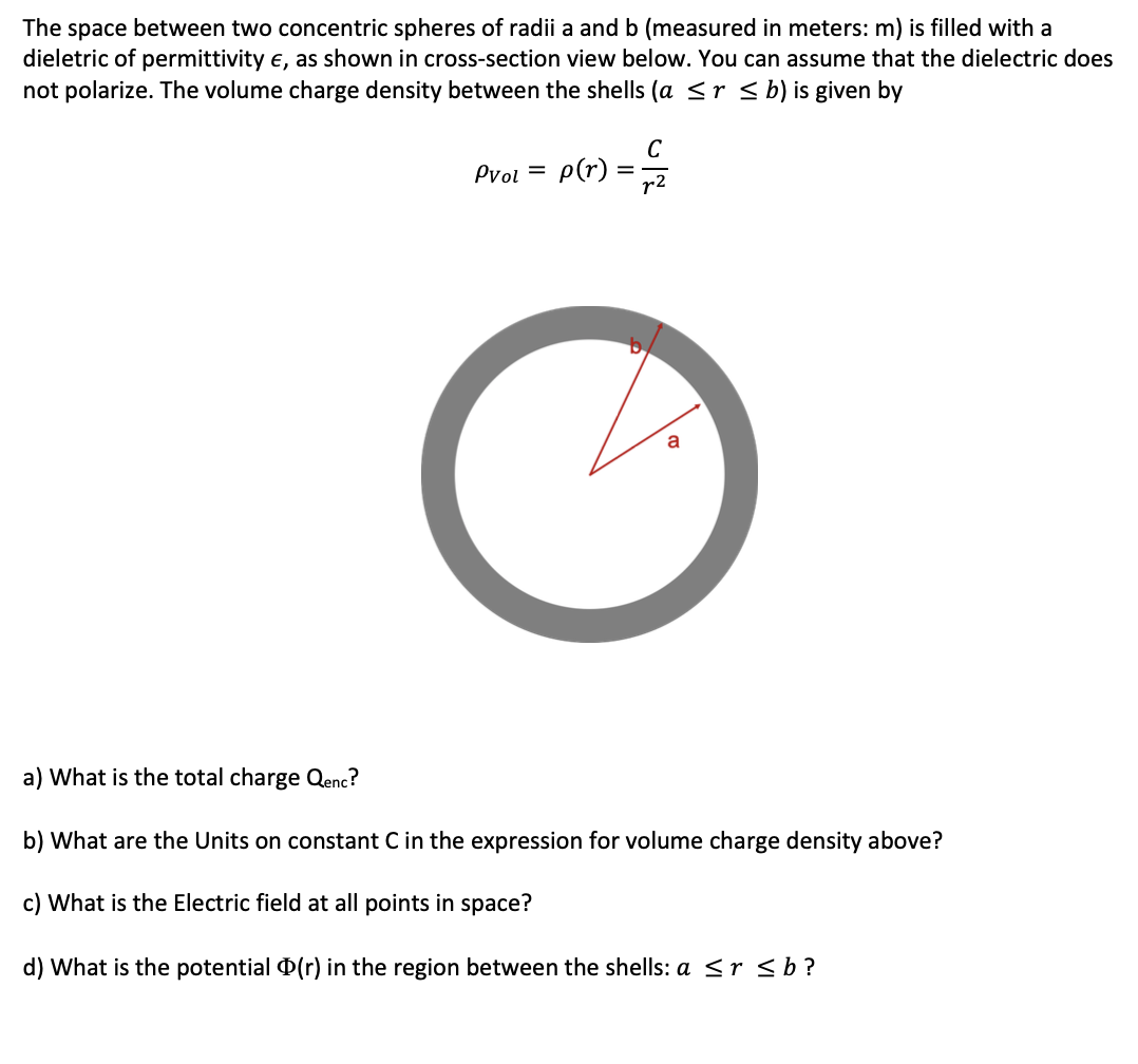 Solved The space between two concentric spheres of radii a | Chegg.com