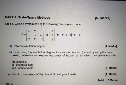 Solved PART 2: State-Space Methods 150 Marks) Task 1. Given | Chegg.com