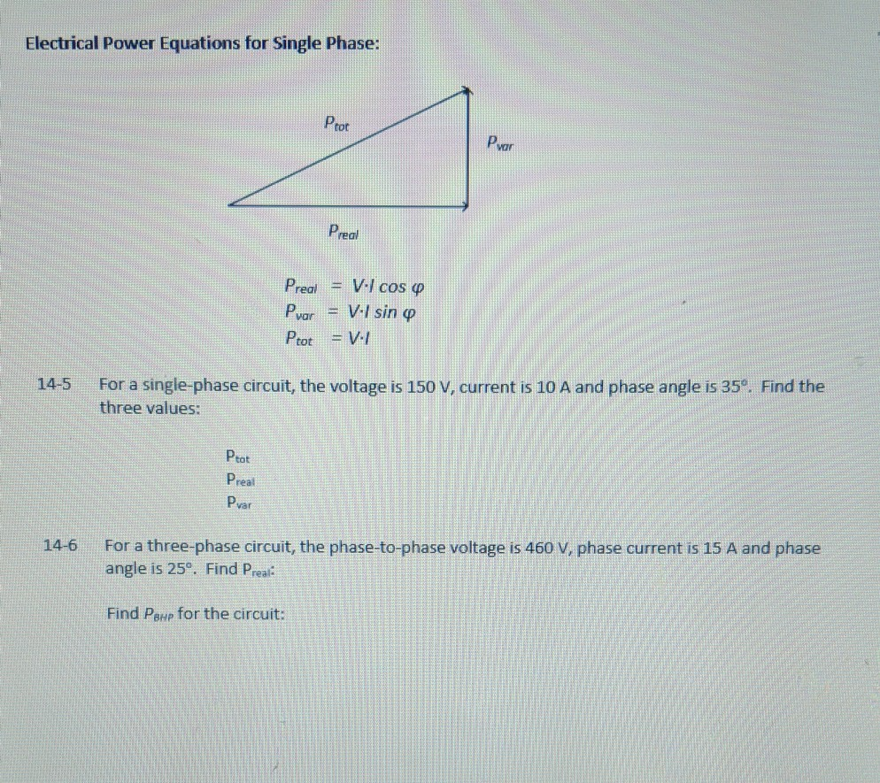 Solved Electrical Power Equations for Single Phase: Ptot | Chegg.com