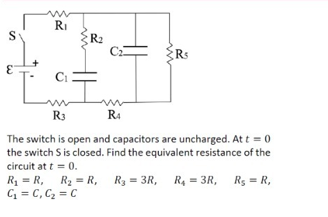 Solved The switch is open and capacitors are uncharged. At | Chegg.com