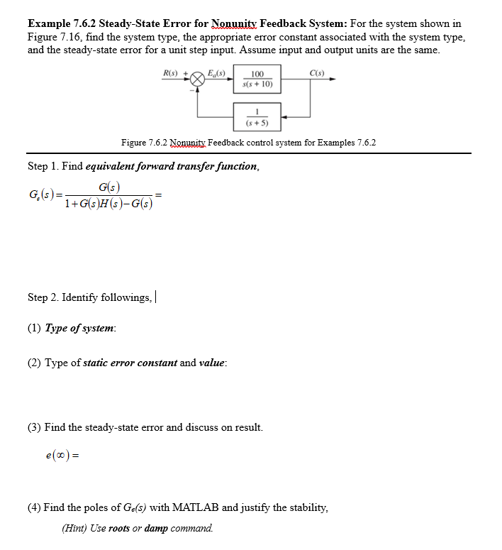 Solved Example 7.6.2 Steady-State Error for Nonunity | Chegg.com