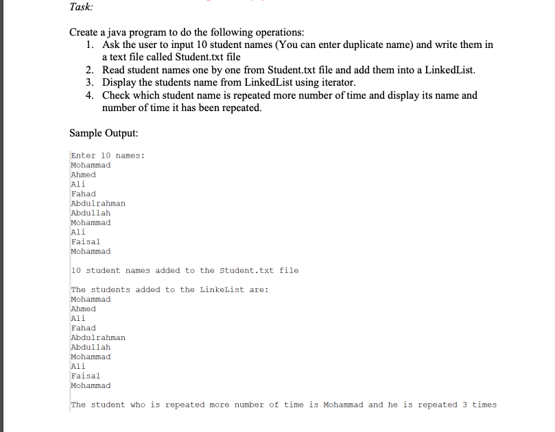 Solved Task: Create a java program to do the following | Chegg.com