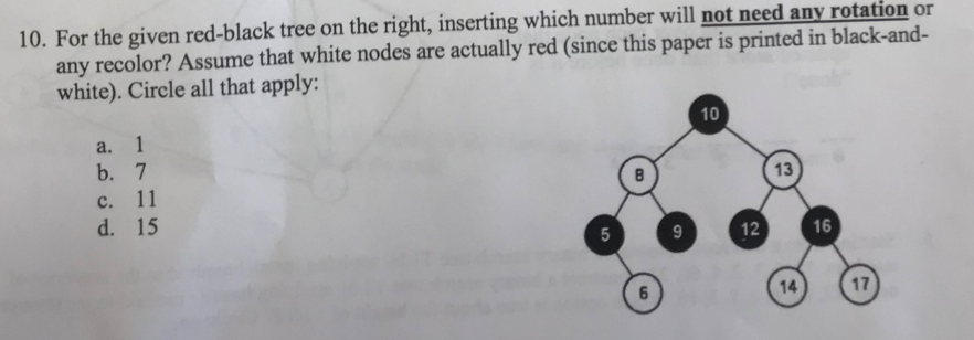 Solved 10. For the given red-black tree on the right, | Chegg.com