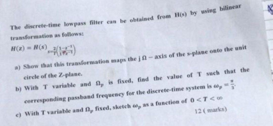 Solved The discrete-time lowpass filter can be obtained from | Chegg.com
