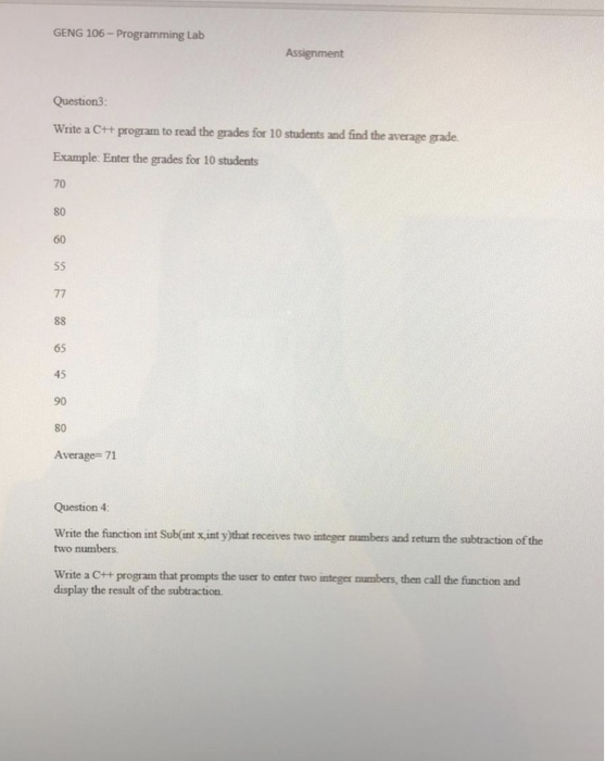 Solved GENG 106-Programming Lab Assignment Question Wirite a | Chegg.com
