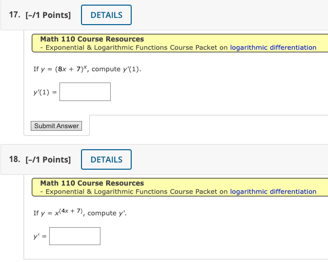 Solved Math 110 Course Resources - Exponential \& | Chegg.com
