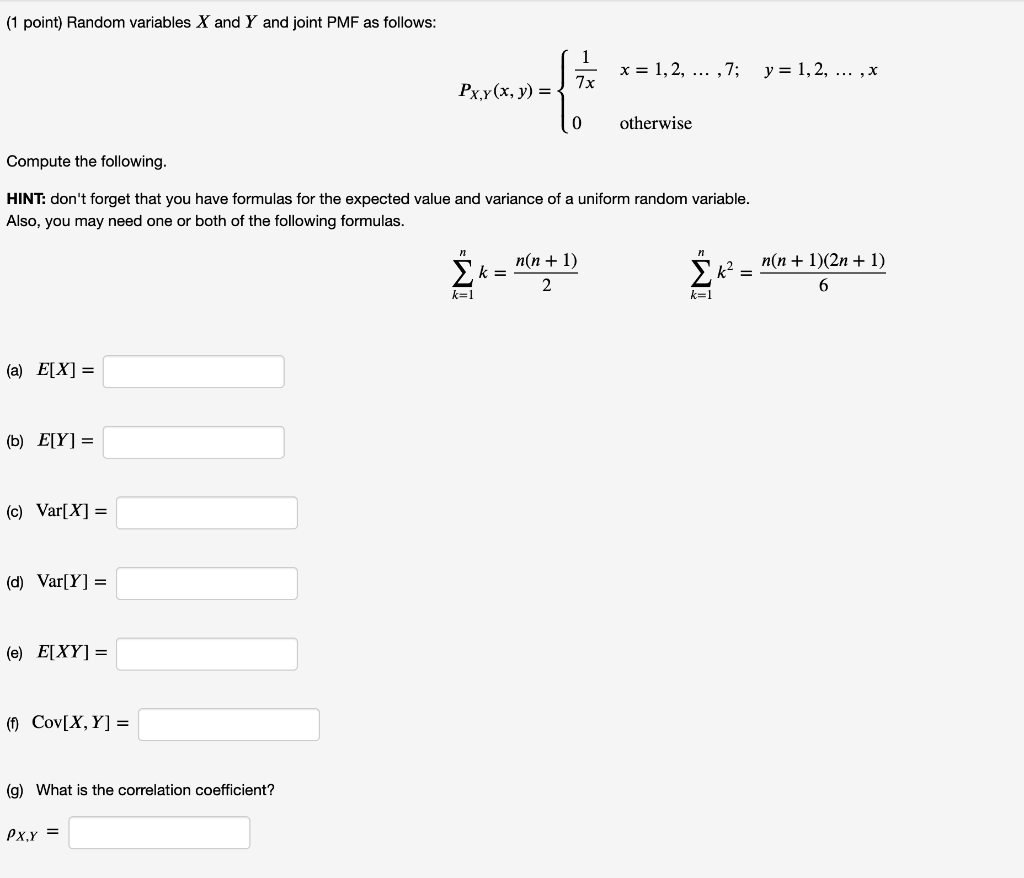 Solved (1 point) Random variables X and Y and joint PMF as | Chegg.com