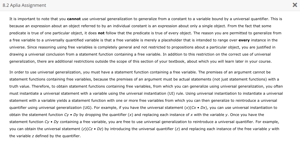 Solved 8.2 Aplia Assignment 2. Universal Generalization (UG) | Chegg.com