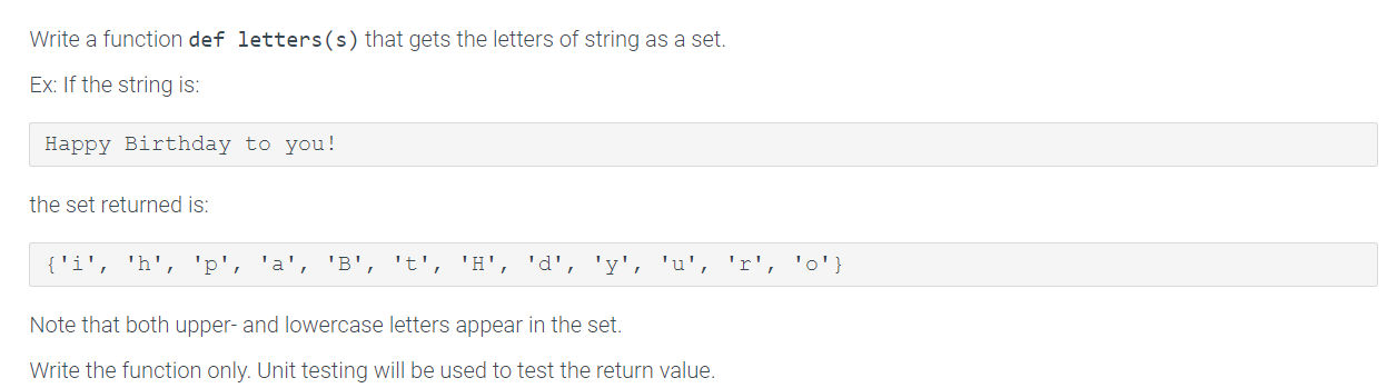 Solved Write a function def letters (s) that gets the | Chegg.com