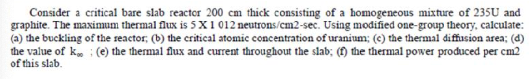 Solved Consider a critical bare slab reactor 200 cm thick | Chegg.com