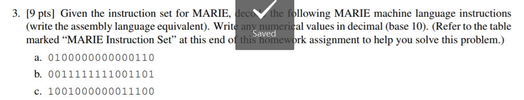 MARIE Instruction Set Opcode Instruction RTN 0000 JnS | Chegg.com