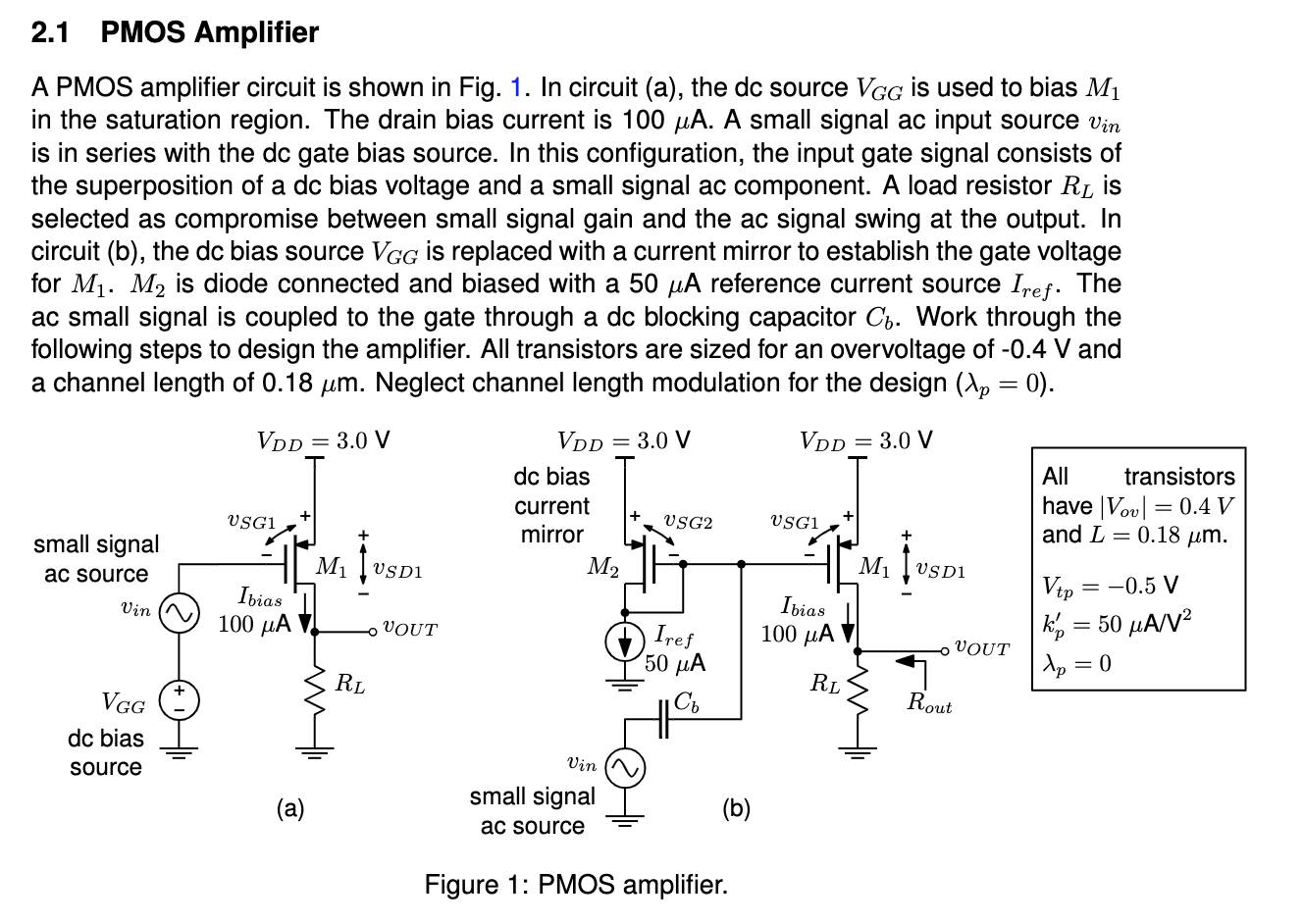 Solved 2.1 PMOS Amplifier A PMOS amplifier circuit is shown | Chegg.com