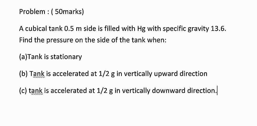 Solved Problem : (50marks) A cubical tank 0.5 m side is | Chegg.com