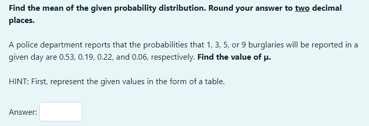Solved Find the mean of the given probability distribution. | Chegg.com