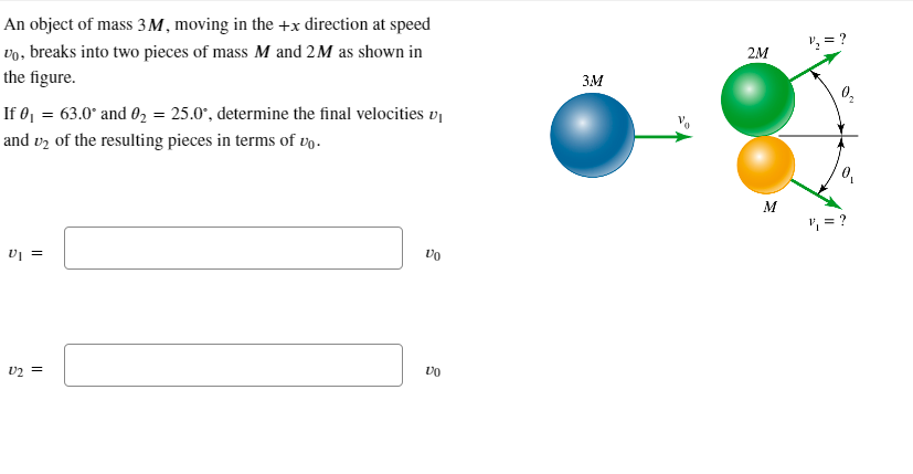 Solved An object of mass 3M, moving in the +x direction at | Chegg.com