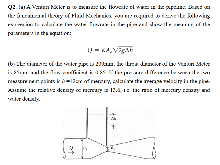 Solved Q2. (a) A Venturi Meter is to measure the flowrate of | Chegg.com