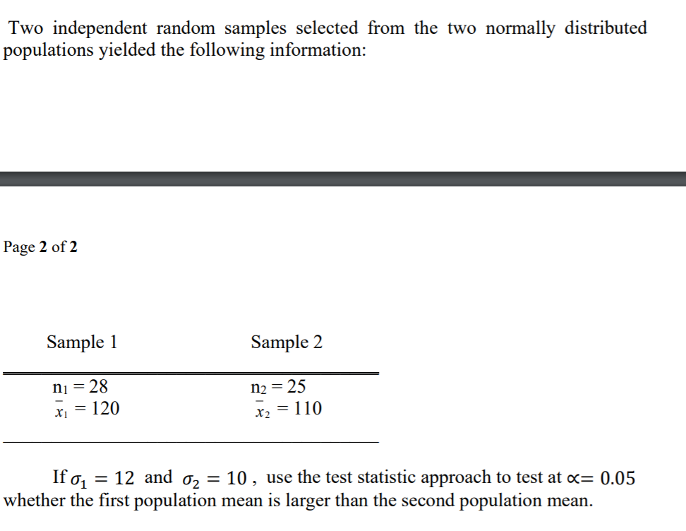 Solved Two independent random samples selected from two | Chegg.com
