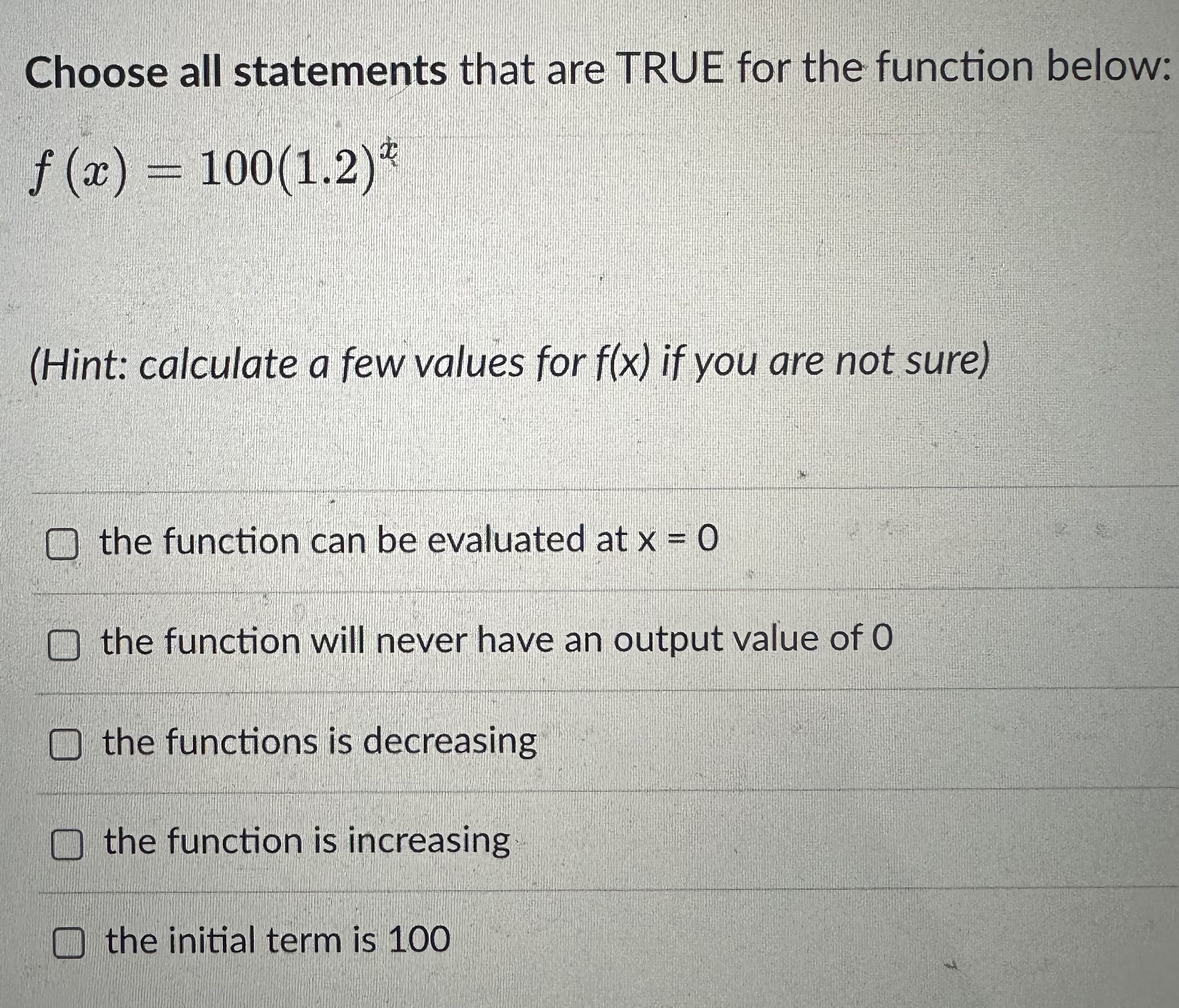 Solved Choose all statements that are TRUE for the function | Chegg.com