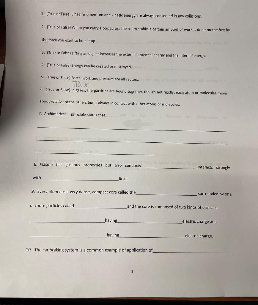 Solved 1. (True or False) Linear momentum and kinetic energy | Chegg.com