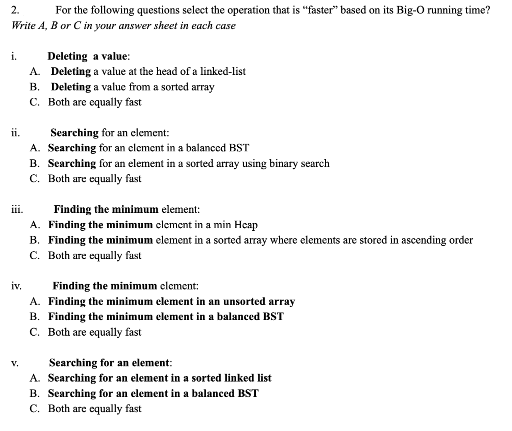 Solved 2. For the following questions select the operation | Chegg.com