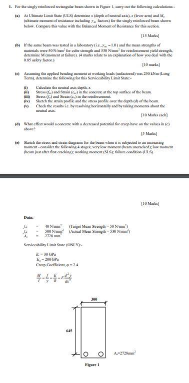 1. For the singly reinforced rectangular beam shown | Chegg.com