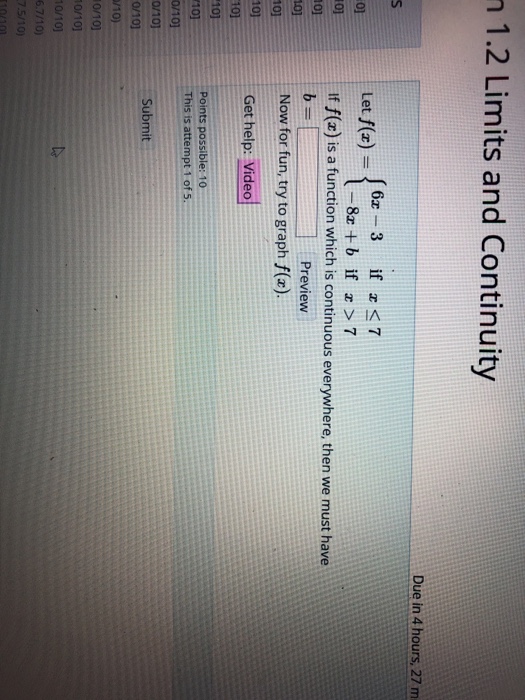 Solved n 1.2 Limits and Continuity Due in 4 hours, 27 m Let | Chegg.com