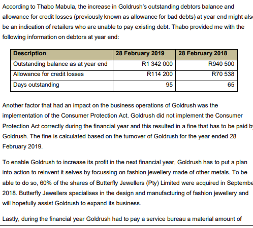 According to Thabo Mabula, the increase in Goldrush's | Chegg.com