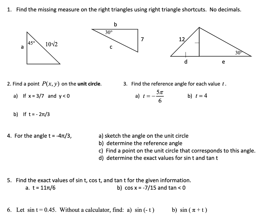 Solved 1. Find the missing measure on the right triangles | Chegg.com