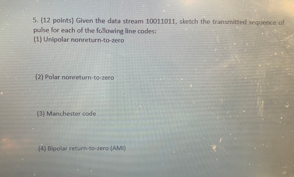 Solved 5. (12 points) Given the data stream 10011011, sketch | Chegg.com
