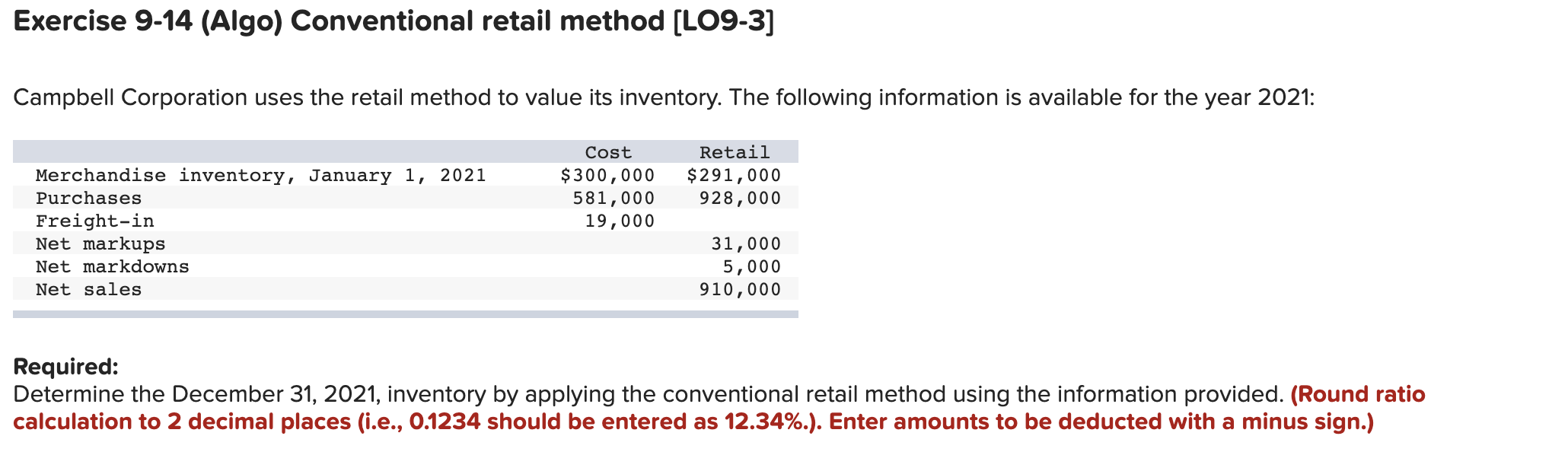 Solved Exercise 9-14 (Algo) Conventional retail method | Chegg.com