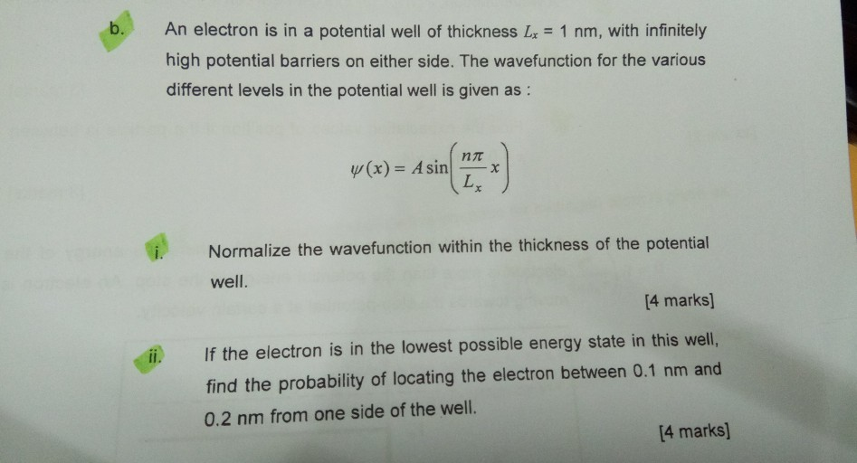 Solved An electron is in a potential well of thickness Lx = | Chegg.com