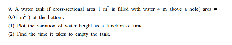 Solved 9. A water tank if cross-sectional area 1 m2 is | Chegg.com